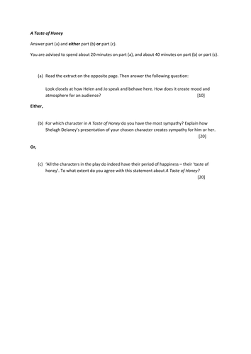 A Taste of Honey Exam Prep | Teaching Resources