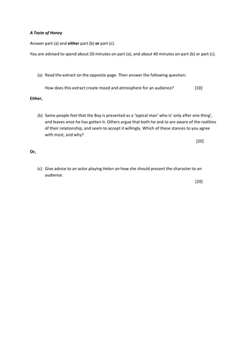 A Taste of Honey Exam Prep | Teaching Resources