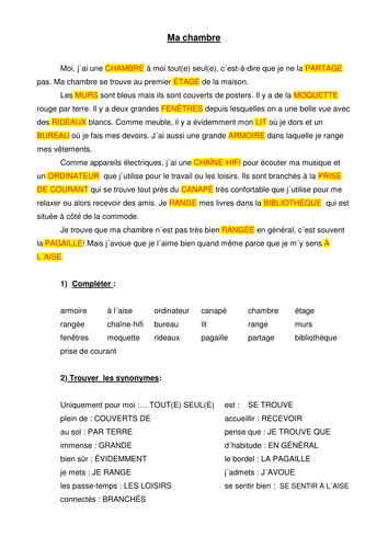 Ma chambre | Teaching Resources