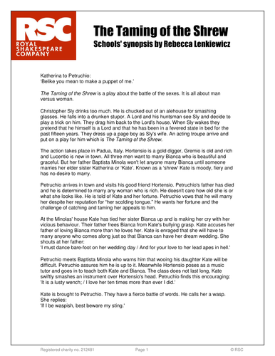 The Taming of the Shrew Schools' Synopsis | Teaching Resources
