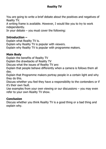 Reality TV Essay Frame and Questions | Teaching Resources