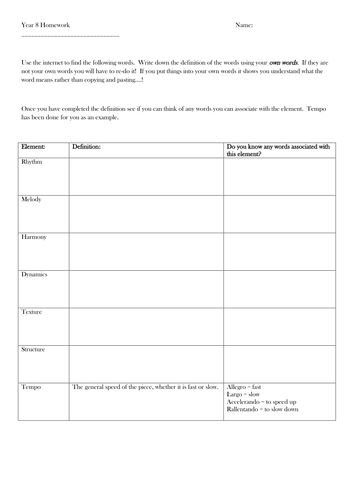 Elements of Music homework | Teaching Resources