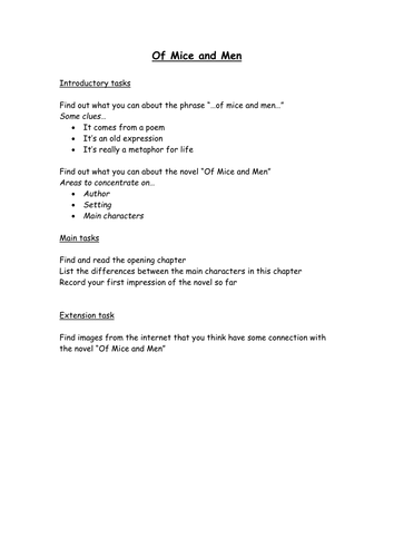 Of Mice and Men - Pre Reading | Teaching Resources