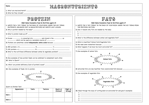 Worksheet - Macronutrients, Fats & Proteins | Teaching Resources