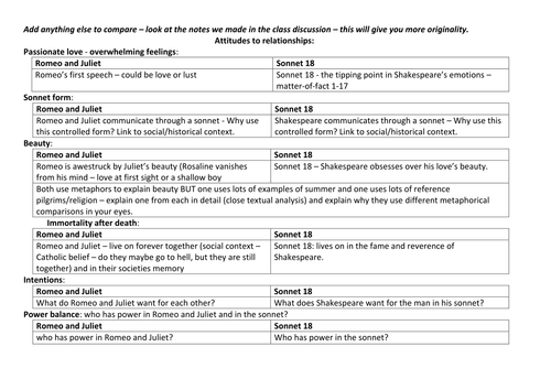 Romeo and Juliet Act 1 Scene 5 vs Sonnet 18 plan | Teaching Resources