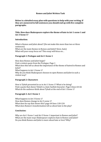 Romeo & Juliet: Written Task Essay Plan Worksheet | Teaching Resources
