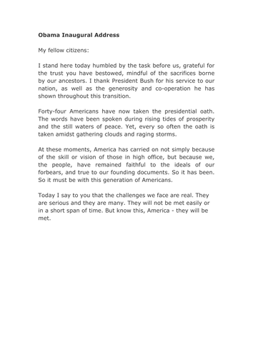 Obama's Inaugural Address and Word bank | Teaching Resources