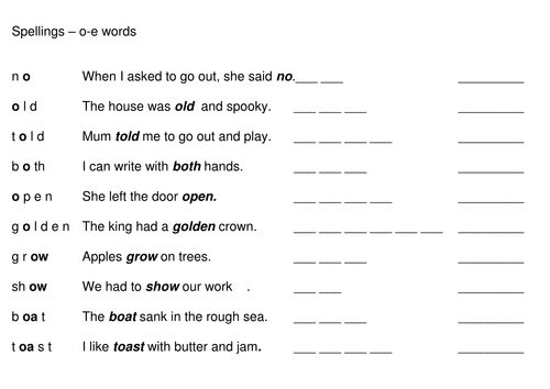 o-e spelling sheet 1 | Teaching Resources
