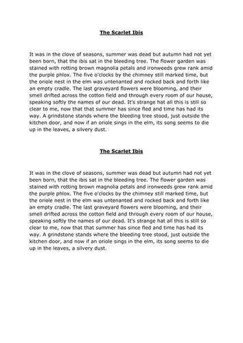 Exemplar - The Scarlet Ibis | Teaching Resources