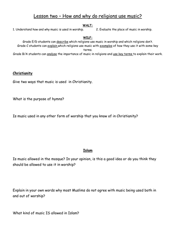 L2- Rel & Music AQA B5- how religions use music | Teaching Resources
