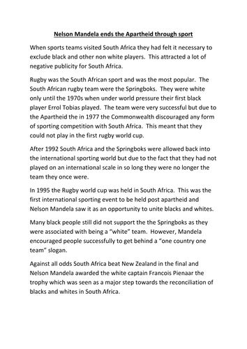 Apartheid Controlled Ass. - Mandela & Sport Lesson | Teaching Resources