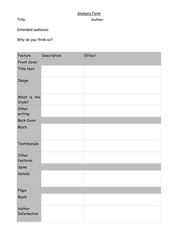 Book Cover Analysis Worksheet | Teaching Resources