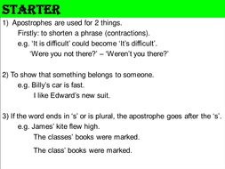 Lesson Starter Apostrophes | Teaching Resources