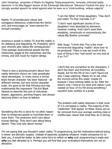 Reality TV – Arguments For & Against Lesson | Teaching Resources