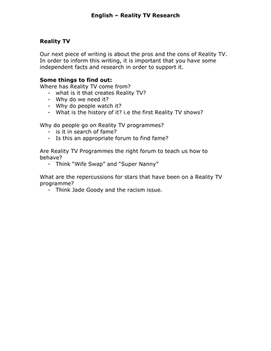 Reality TV – Researching Reality TV | Teaching Resources