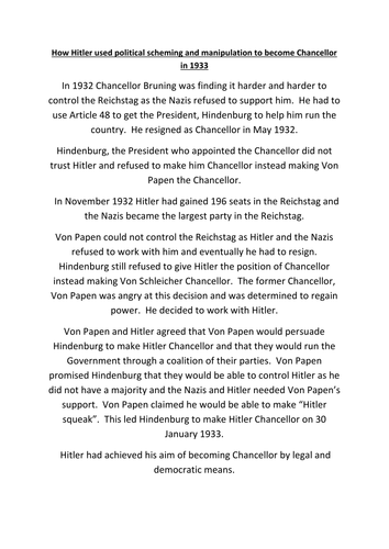 Germany GCSE History – Hitler As Chancellor | Teaching Resources