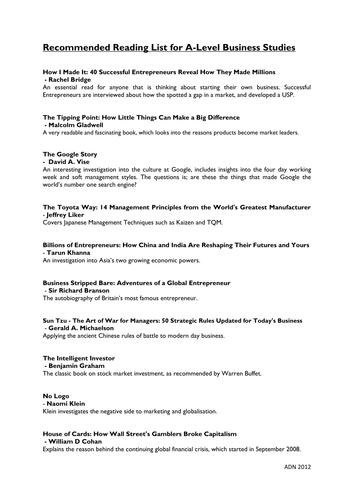 A Level Business Reading List | Teaching Resources