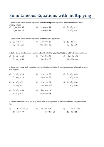 Simultaneous Equations with multiplying. Worksheet | Teaching Resources Simultaneous Equations with multiplying. Worksheet | Teaching Resources