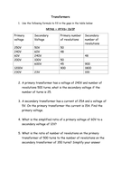 transformers - calculations | Teaching Resources
