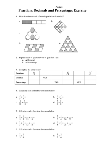Fractions, Decimals and Percentages Exercise | Teaching Resources