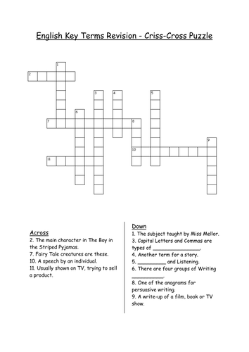 English Key Terms Criss-Cross | Teaching Resources