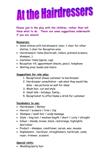 Hairdressers Role Play Teaching Resources