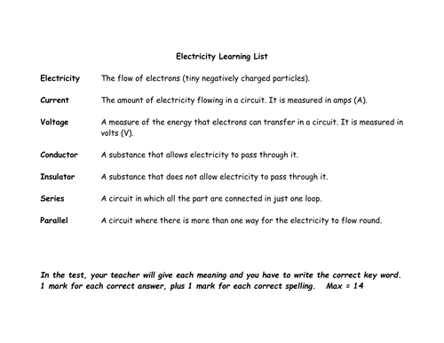electricity learning list | Teaching Resources