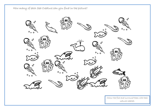 Count and colour the Sea creatures | Teaching Resources