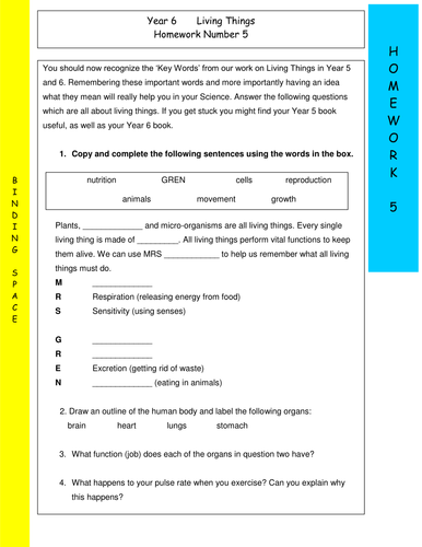 Living things Y6 Homework 5 | Teaching Resources