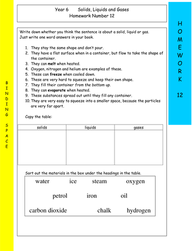 Solids, liquids and gases Y6 Homework 12 | Teaching Resources Solids, liquids and gases Y6 Homework 12 | Teaching Resources
