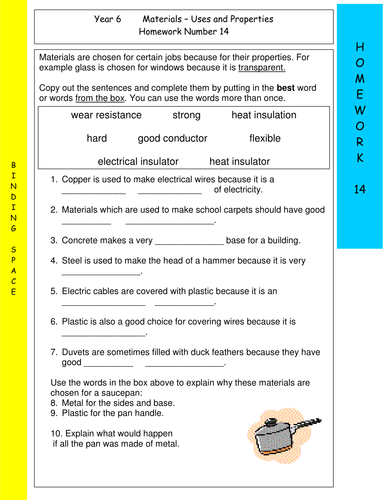 Materials - Uses & Properties Y6 Homework 14 | Teaching Resources