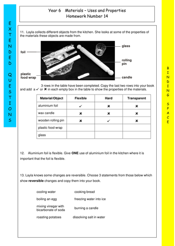 Materials - Uses & Properties Y6 Homework 14 | Teaching Resources