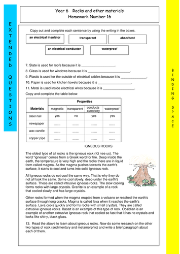 Rocks & other materials Y6 Homework 16 | Teaching Resources