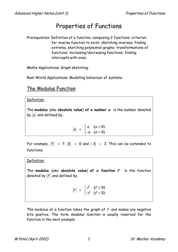 AH Notes 5 (Properties of Functions) | Teaching Resources