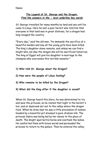St. George and the Dragon Comprehension | Teaching Resources