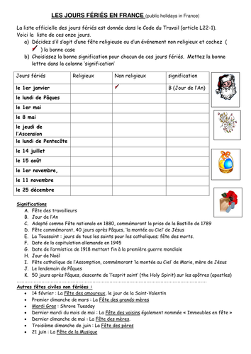 Jours fériés en France - public holidays in France | Teaching Resources