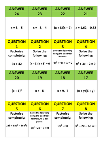 TREASURE HUNT - QUADRATICS | Teaching Resources