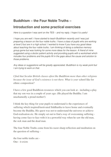 Buddhism - 4 Noble Truths - practical exercises | Teaching Resources