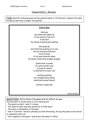 Unseen Poetry Revision (Island Man - Nichols) | Teaching Resources