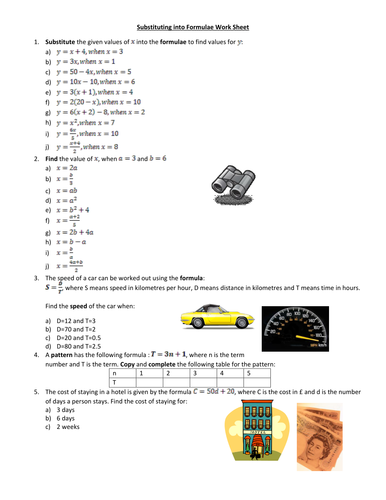 Substituting in Formulae Worksheet | Teaching Resources