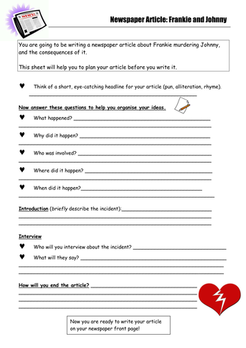 Newspaper Planning Sheet-Frankie and Johnny Ballad | Teaching Resources