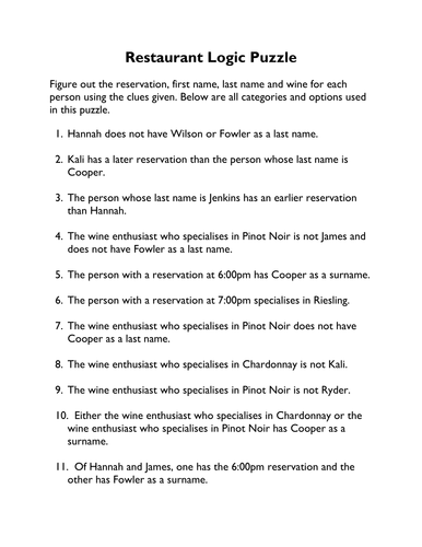 Restaurant Logic Problem | Teaching Resources