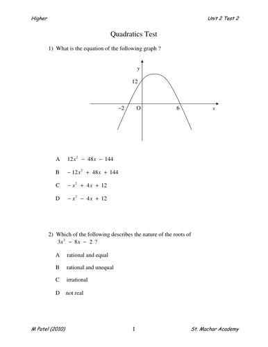 Higher Test 7 (Quadratics) | Teaching Resources