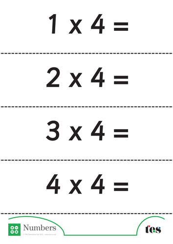 Four Times Table Flash Cards - without answers | Teaching Resources