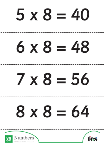 Eight Times Table Flash Cards - with answers | Teaching Resources