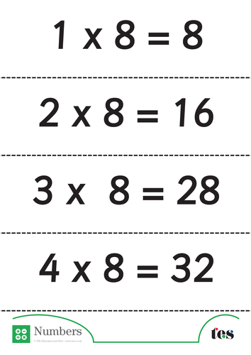 Eight Times Table Flash Cards - with answers | Teaching Resources