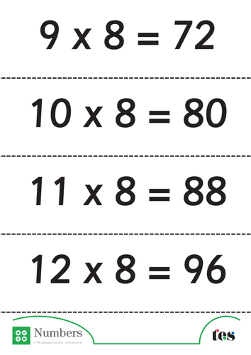 Eight Times Table Flash Cards - with answers | Teaching Resources