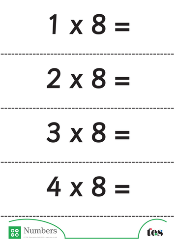 Eight Times Table Flash Cards - without answers | Teaching Resources