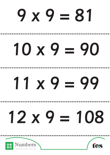 Nine Times Table Flash Cards - with answers | Teaching Resources