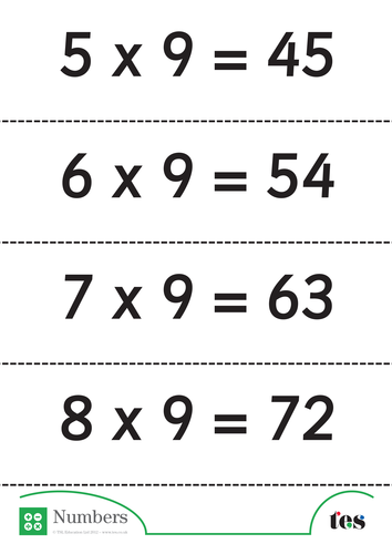 Nine Times Table Flash Cards - with answers | Teaching Resources